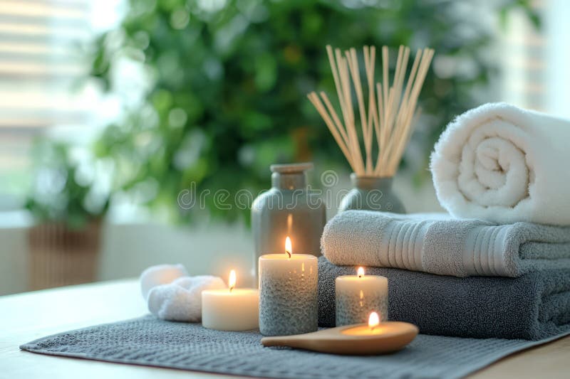 Luxurious Spa Setup with Towels, Lit Candles, and Plants Stock Photo ...