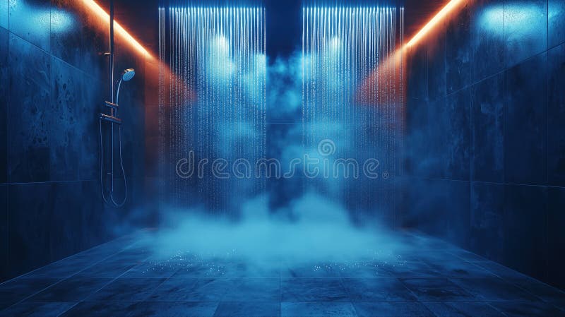 Luxurious Spa Shower with Dual Rainfall Heads and Ambient Lighting in a ...