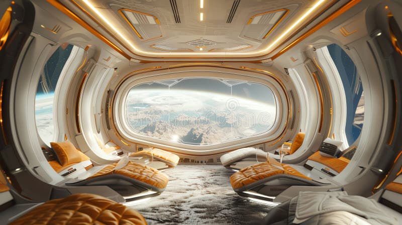 Luxurious Spacecraft Interior with Panoramic Windows and Zero-gravity ...