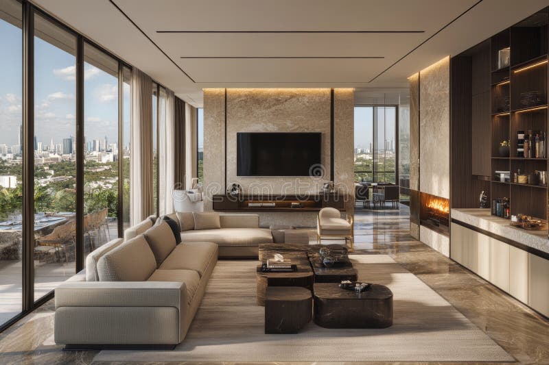 Luxurious and Spacious Open Plan Living Room Interior with Panoramic ...