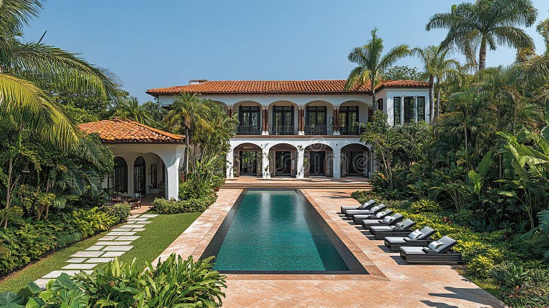 Luxurious Spanish-style Estate with Pool and Lush Landscaping Stock ...