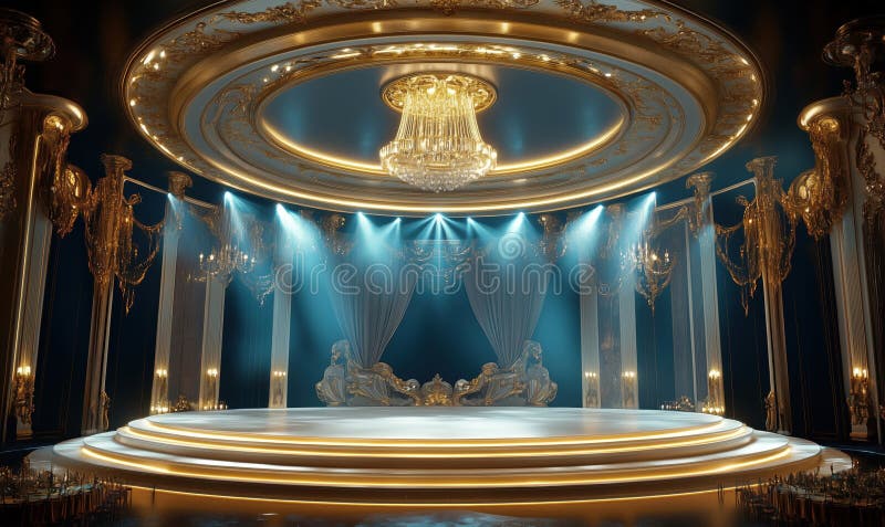 Luxurious Stage with Purple Curtains and Golden Lights Stock Photo ...