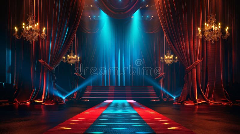 Luxurious Stage with Red Curtains and Chandeliers Stock Image - Image ...