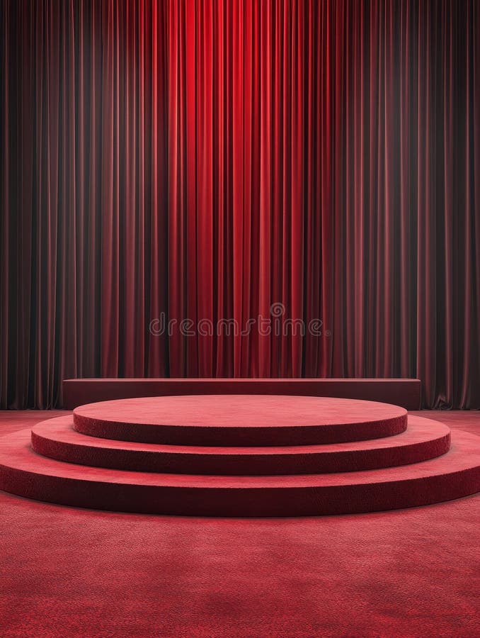 A Luxurious Stage Setting with Red Velvet Curtains and a Circular ...
