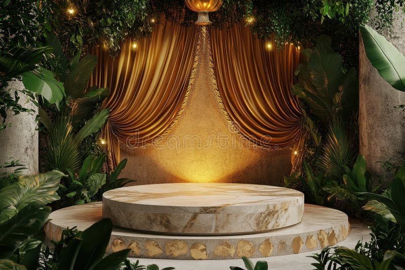 A Luxurious Stage Setup Adorned with Golden Drapery and Lush Greenery ...
