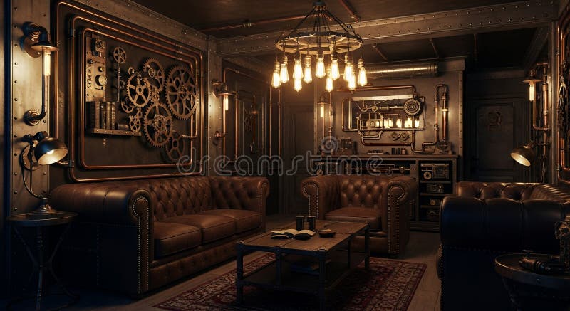 Steampunk Lounge Interior: Gears, Copper Pipes, Leather Sofas, Warm ...