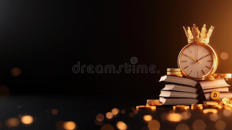 A Luxurious Still Life Featuring a Clock, Crown, and Gold Coins on a ...