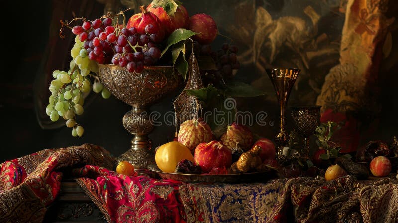 Luxurious Still Life with Fruits and Ornate Tableware Stock Image ...