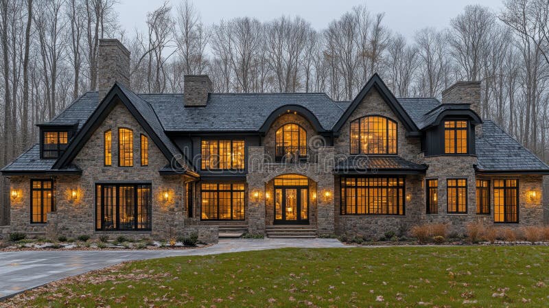 Luxurious Stone Mansion at Dusk Stock Photo - Image of architecture ...