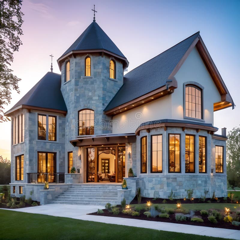 Luxurious Stone Mansion with Large Windows at Dusk. Stock Illustration ...