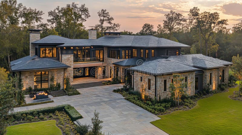 Luxurious Stone Mansion at Sunset with Landscaped Grounds Stock ...