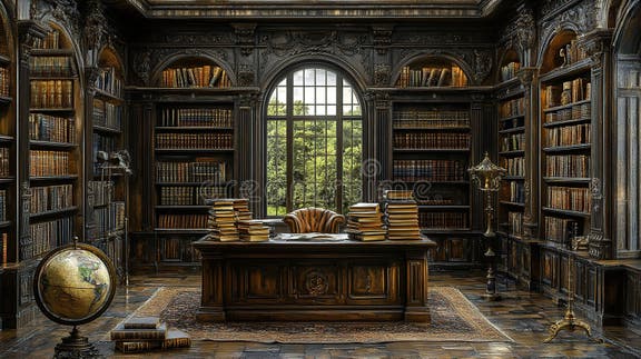 Luxurious Study with Antique Bookcases and Desk Stock Image - Image of ...