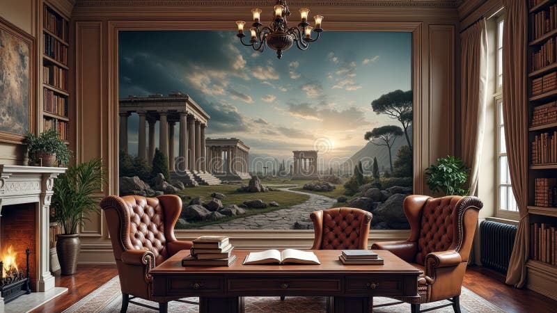 Luxurious Study with Classical Art and Leather Chairs in a Grand ...