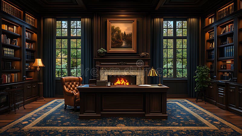Luxurious Study, Fireplace Burning, Autumnal View, Wood-paneled ...