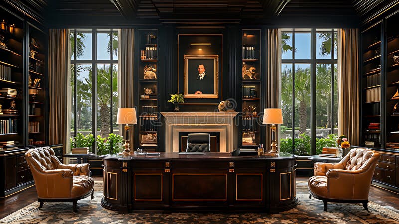 Luxurious Study, Ocean View, Fireplace, Grand Desk, Resort Stock ...