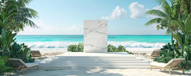 A Luxurious Summer Beach Podium with a White Marble Surface, Placed on ...
