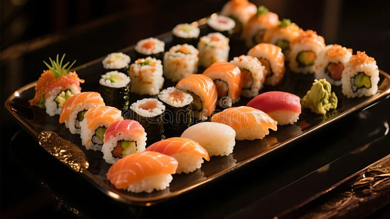 Luxurious Sushi Platter Under Dramatic Lighting, Showcasing Rich ...
