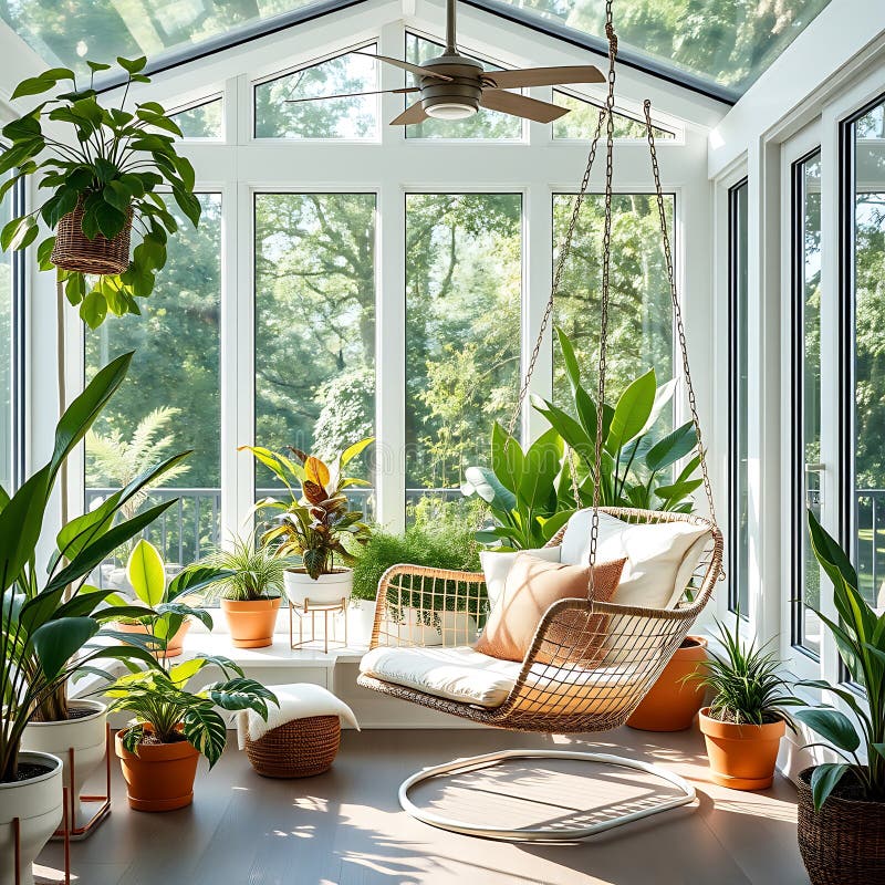 A Luxurious Swing Chair in a Sunroom with Large Glass Windows Filled ...