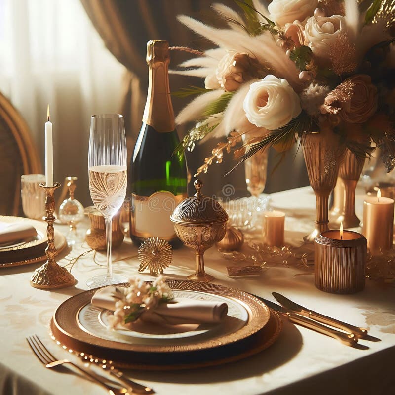 Luxurious Table Setting with Champagne Bottle and Glass, Gold Accents ...