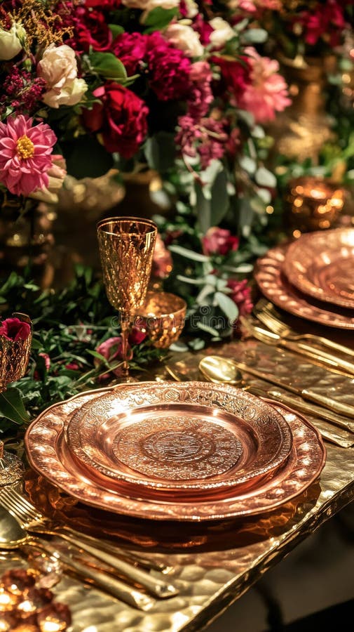 Luxurious Table Setting with Elegant Copper Dinnerware and Floral ...