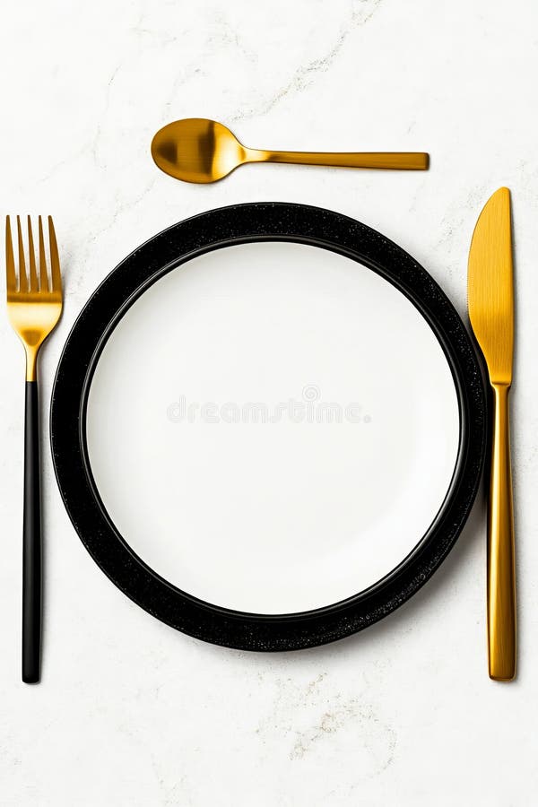Elegant Black and Gold Table Setting on White Marble Background. Stock ...