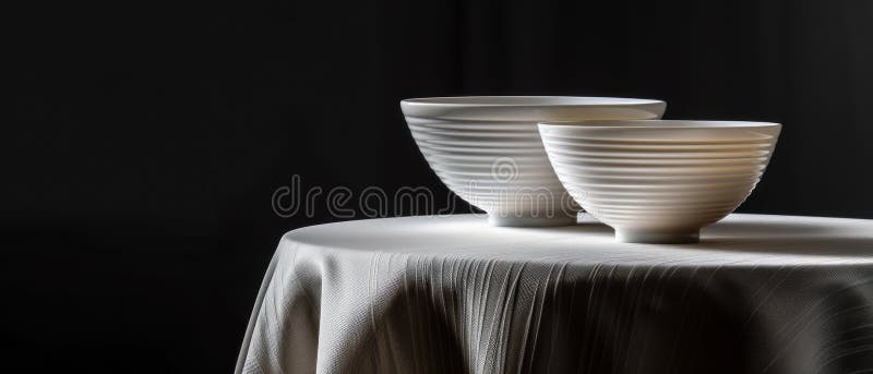 Luxurious Table with Tablecloth and Two Empty Bowls in Side View ...