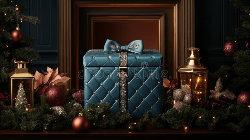 Luxurious Teal Gift Box on Festive Mantle Stock Illustration ...