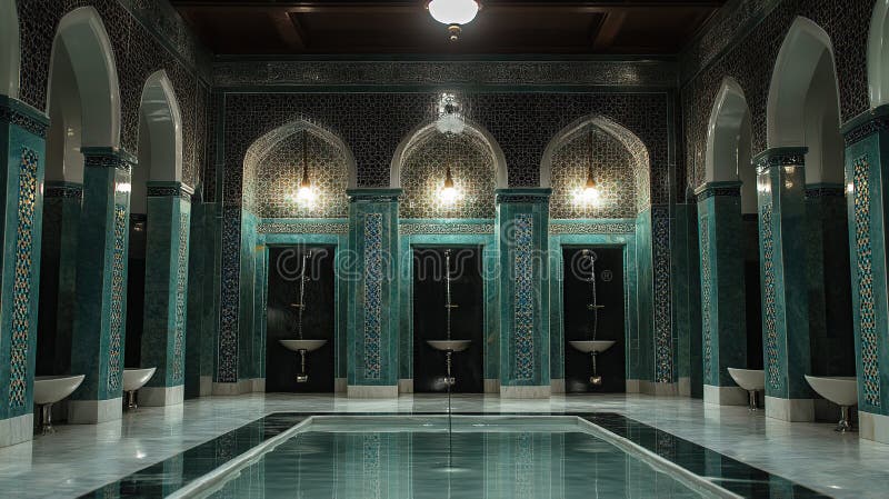 Luxurious Teal and Gold Tiled Hammam Interior with Marble Floor and ...