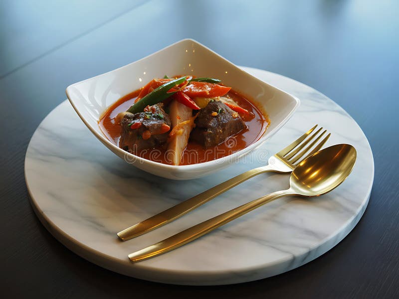 Luxurious Thai Dinner with Red Curry and Gold Flatware Stock Image ...