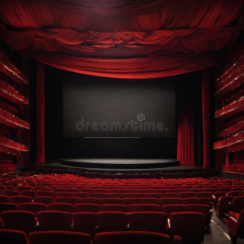 Luxurious Theater Auditorium with Empty Seats and Blank Stage, Red ...