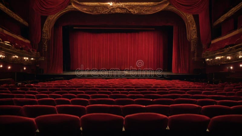 Luxurious Theater Auditorium with Empty Seats and Blank Stage, Red Curtains Pulled Back. Stock ...