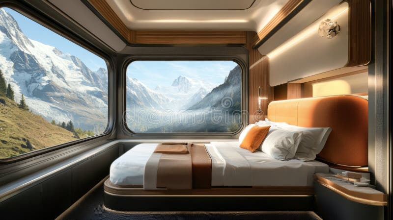 Luxurious Train Cabin with Mountain View Bed Stock Illustration ...