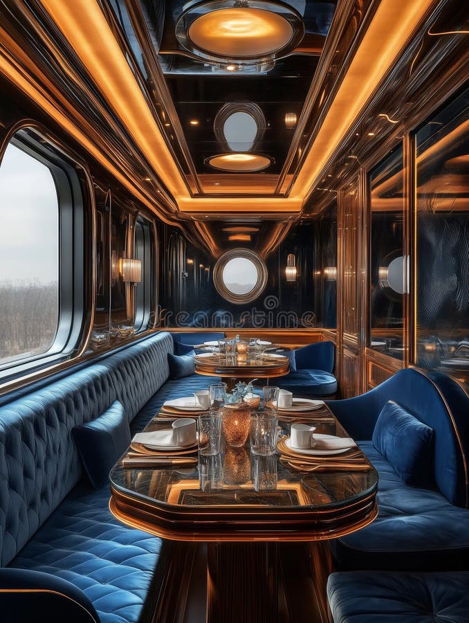 Luxurious Train Interior with Elegant Seating and Panoramic Windows ...