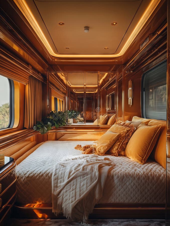 Luxurious Train Interior Featuring Opulent Bedding and Warm Lighting ...