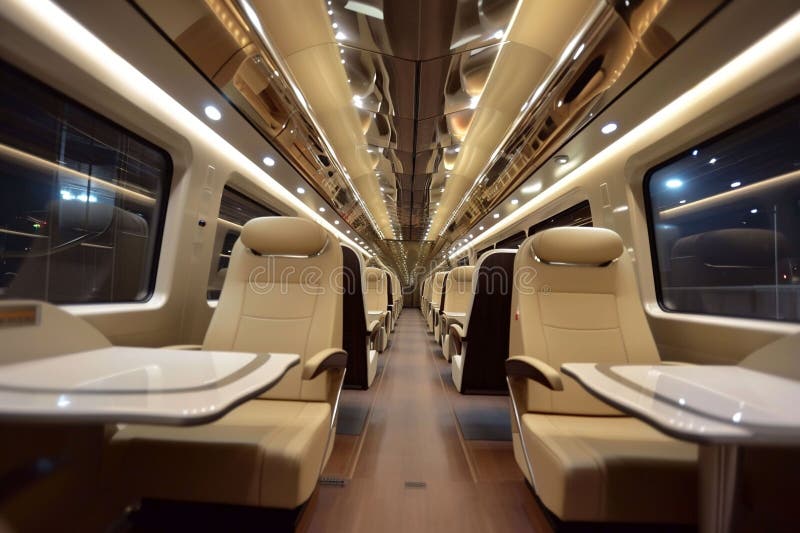 Luxurious Train Interior at Night, Illuminated with Warm Lighting ...