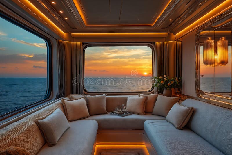 Luxurious Train Suite with Panoramic Sunset Views Over the Sea Stock ...