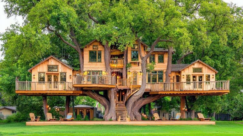 Luxurious Treehouse with Large Deck Nestled in an Oak Tree Stock Image ...