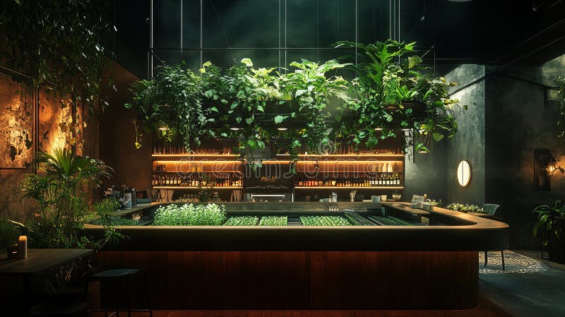 Luxurious Tropical Bar Interior with Hanging Plants and Dark Lighting ...