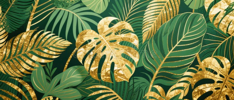 Luxurious Tropical Foliage Pattern with Emerald Green and Gold Leaves ...