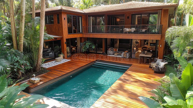 Luxurious Tropical Home with Pool and Deck Stock Illustration ...
