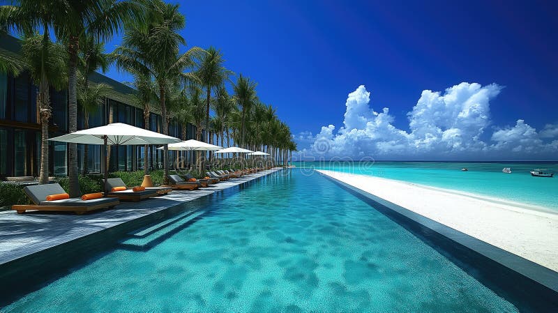 Luxurious Tropical Resort Pool Overlooking Pristine Beach Under Clear ...