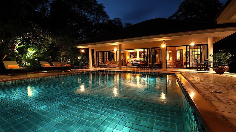 Luxurious Tropical Villa at Night with Pool Stock Illustration ...