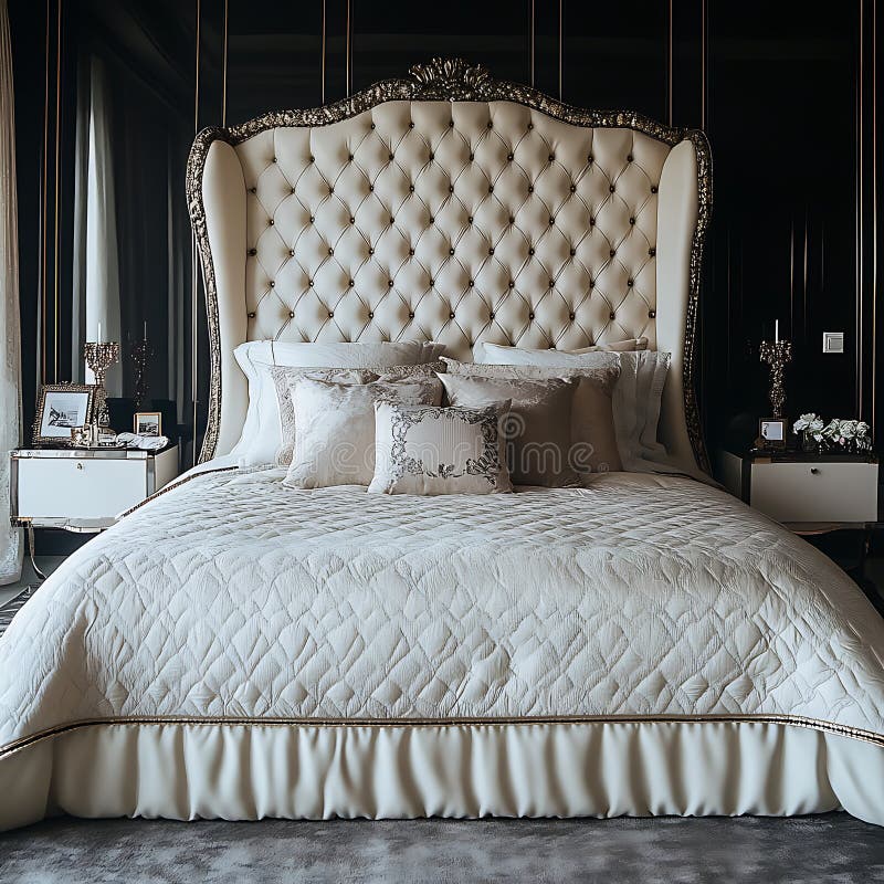 Luxurious Tufted Bed Bedroom Design Stock Photo - Image of lighting ...