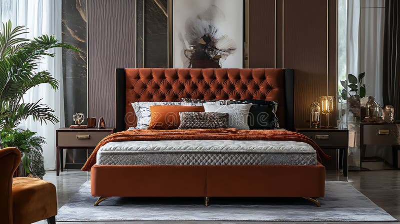 Luxurious Tufted Bed Bedroom Design Stock Image - Image of sleek ...