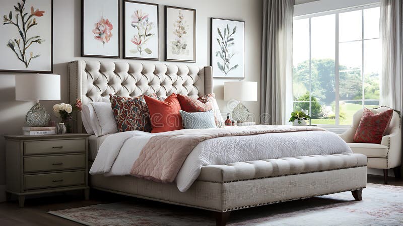 Luxurious Tufted Bed Bedroom Design Stock Photo - Image of contemporary ...