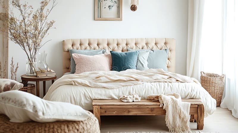 Luxurious Tufted Bed Bedroom Design Stock Photo - Image of plush ...