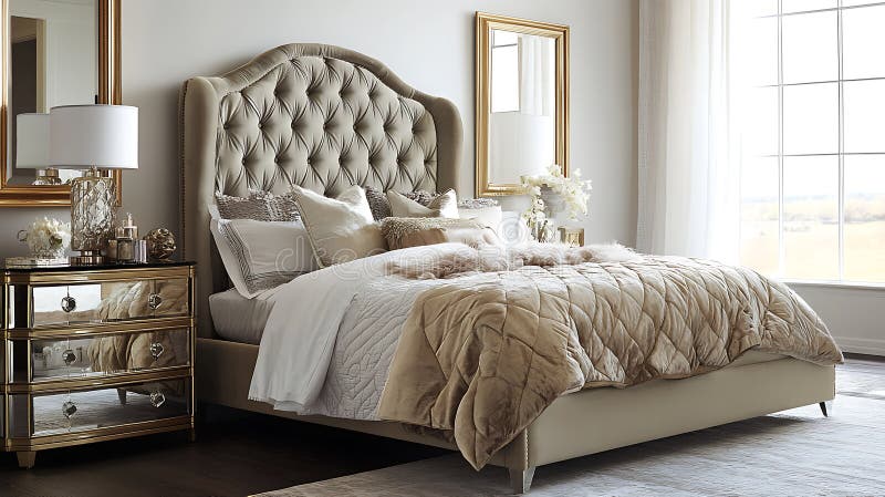 Luxurious Tufted Bed Bedroom Design Stock Photo - Image of stylish ...