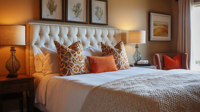 Luxurious Tufted Bed Bedroom Design Stock Image - Image of lighting ...