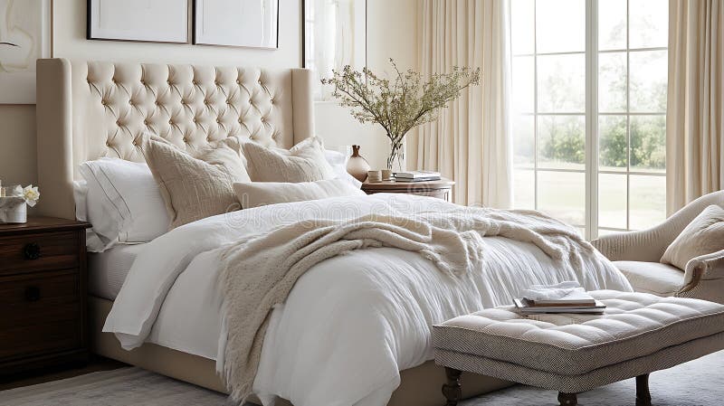 Luxurious Tufted Bed Bedroom Design Stock Image - Image of neutral ...