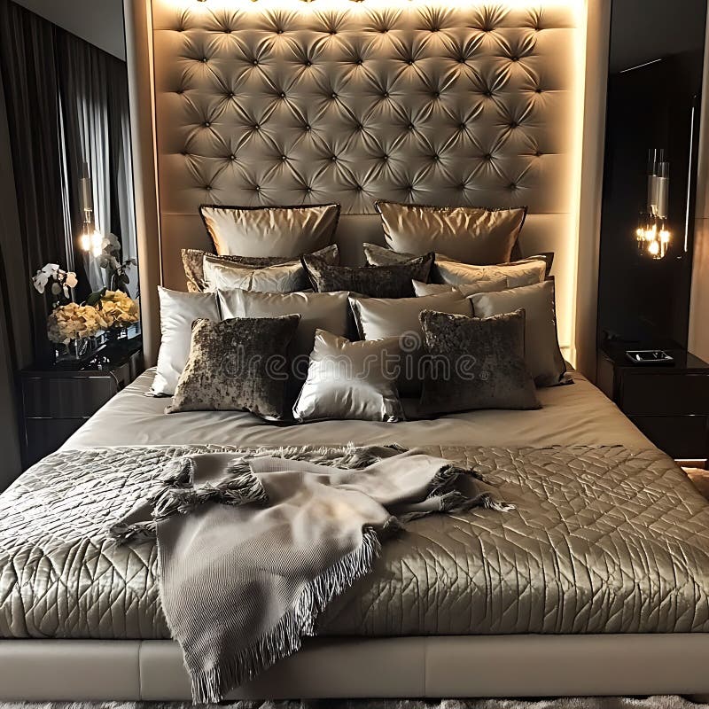 Luxurious Tufted Bed Bedroom Design Stock Image - Image of neutral ...